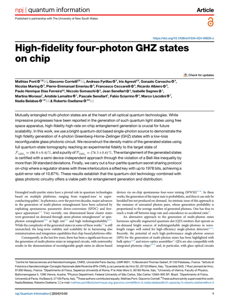 2024 - High-Fidelity Four-Photon GHZ States On Chip | PDF | Quantum ...