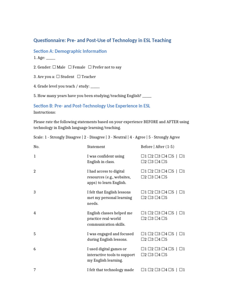 Extended ESL Technology PrePost Questionnaire | PDF | English As A ...
