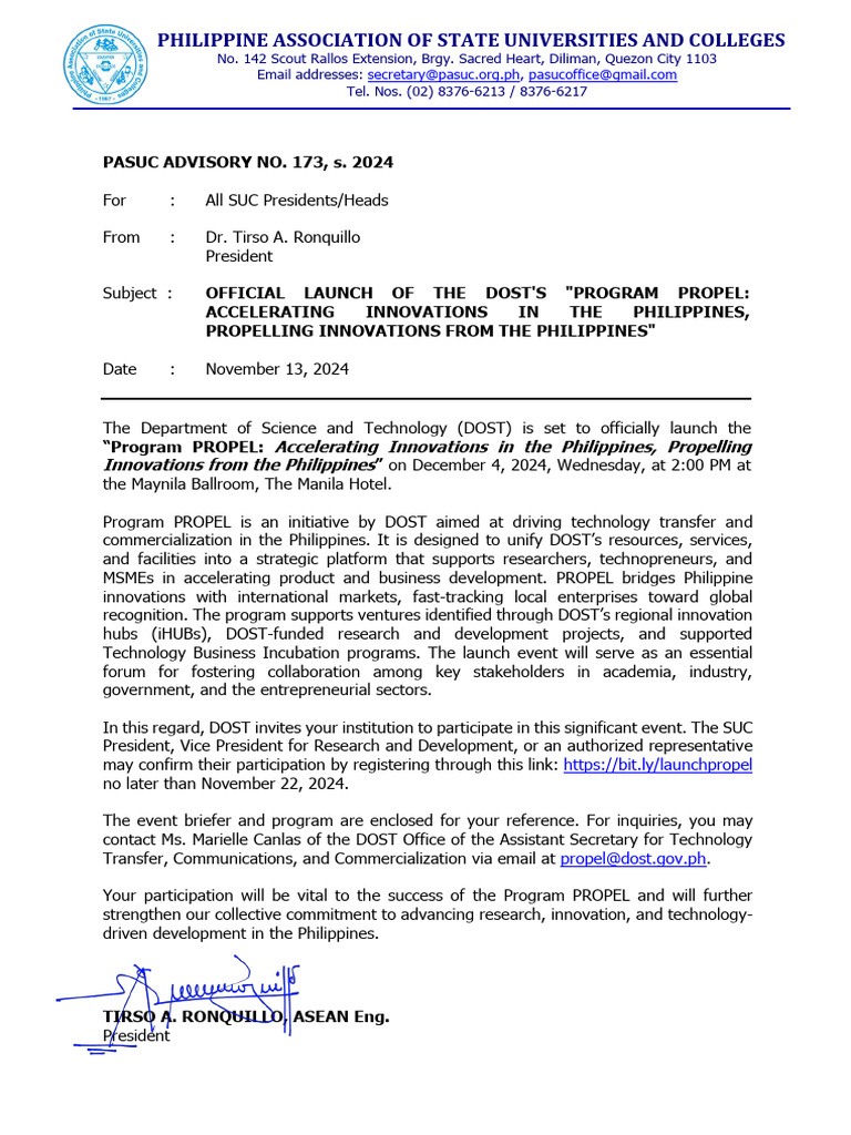 Advisory No. 173, S. 2024 Official Launch of The Dost's Program Propel ...