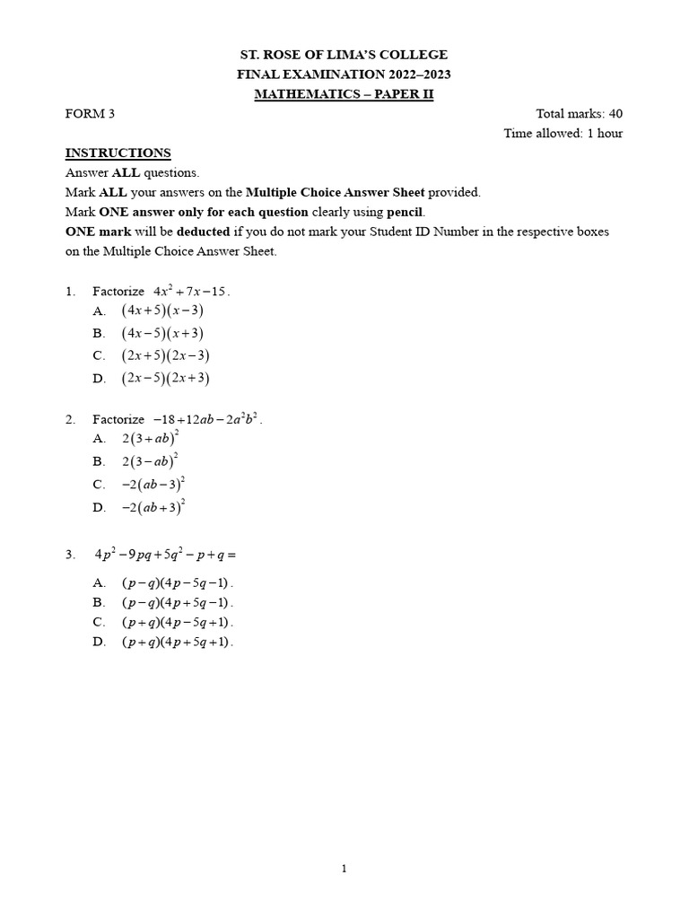 2022-2023 Form 3 Mathematics Paper 2 Final | PDF | Area | Volume