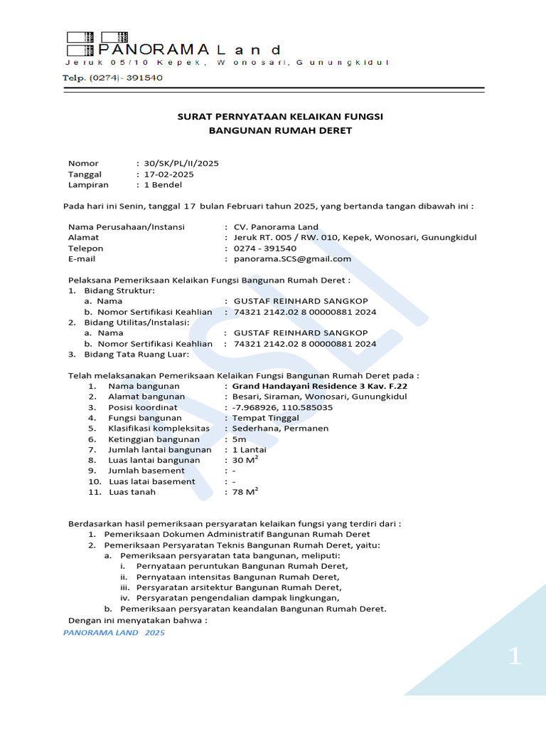 Surat Pernyataan Laik Fungsi Bangunan | PDF