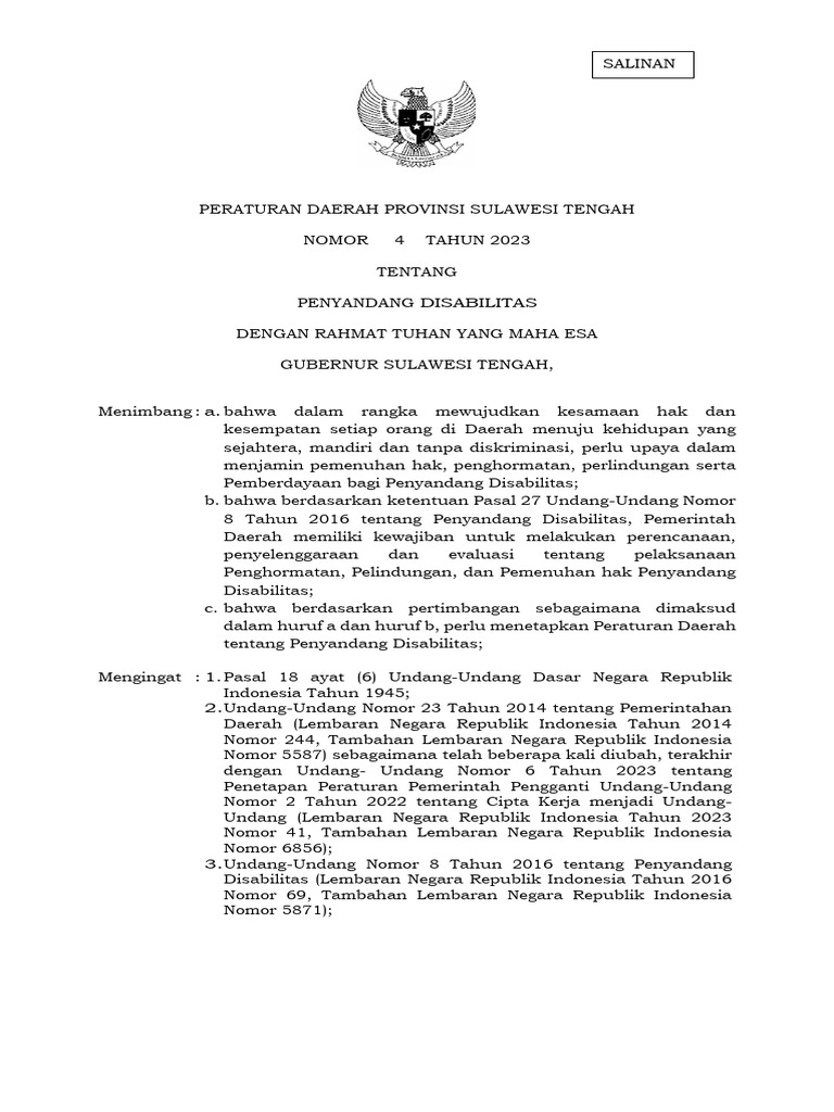 Perda No 4 Tahun 2023 TTG Disabilitas | PDF