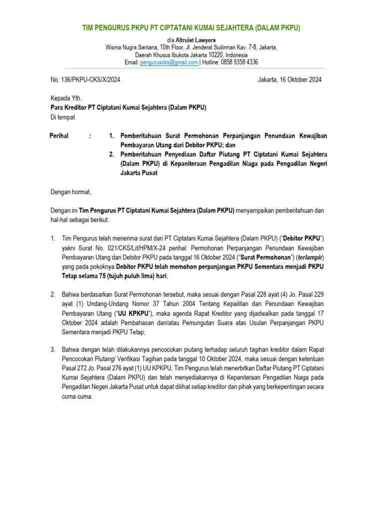 136 - CKS - Surat Pemberitahuan Permohonan Perpanjangan PKPU Dan Penyediaan DPT-161024 | PDF