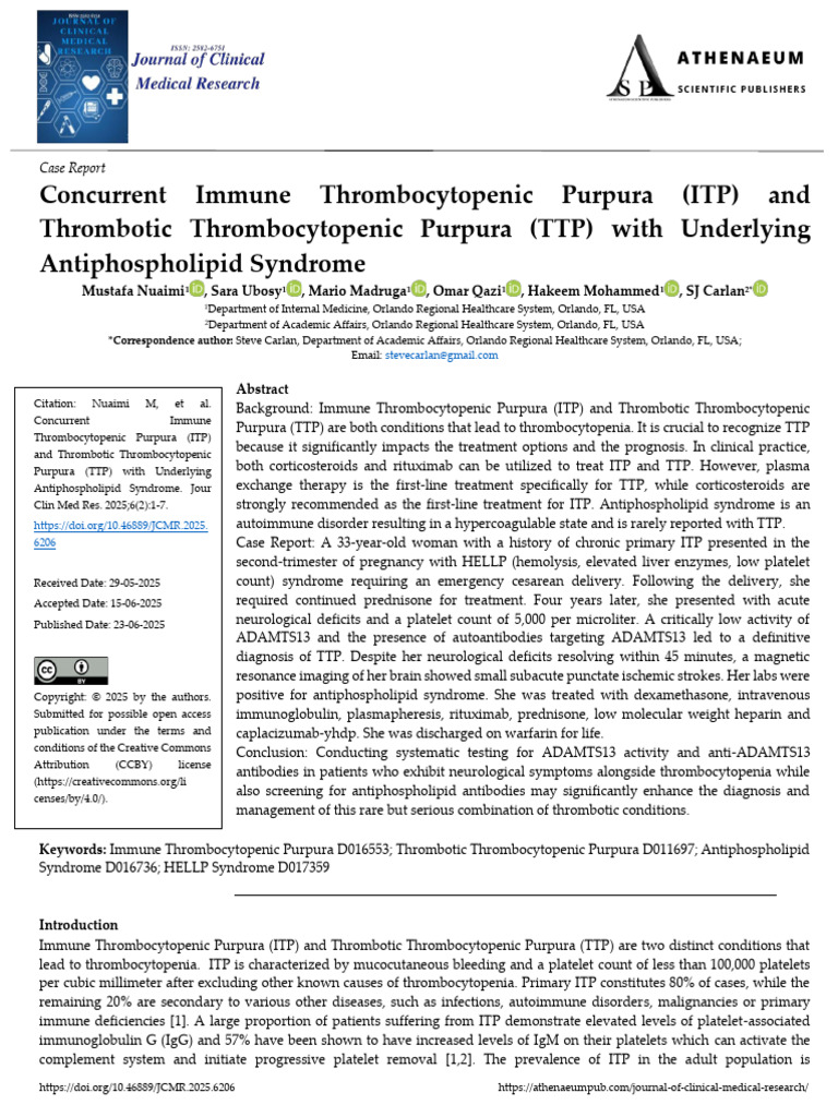 Concurrent Immune Thrombocytopenic Purpura ITP and Thrombotic ...