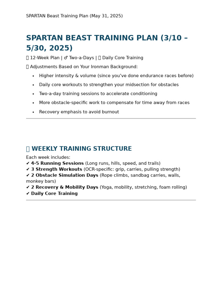 Spartan Beast 12-Week Training Plan | PDF | Running | Kettlebell