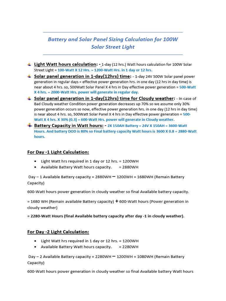 Battery and Solar Panel Sizing Calculation For 100W Solar Street Light ...