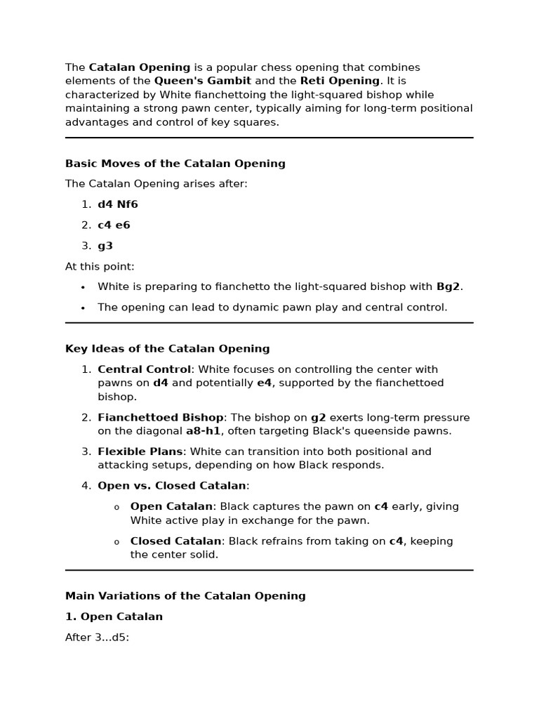 The Catalan Opening Is A Popular Chess Opening That Combines Elements ...