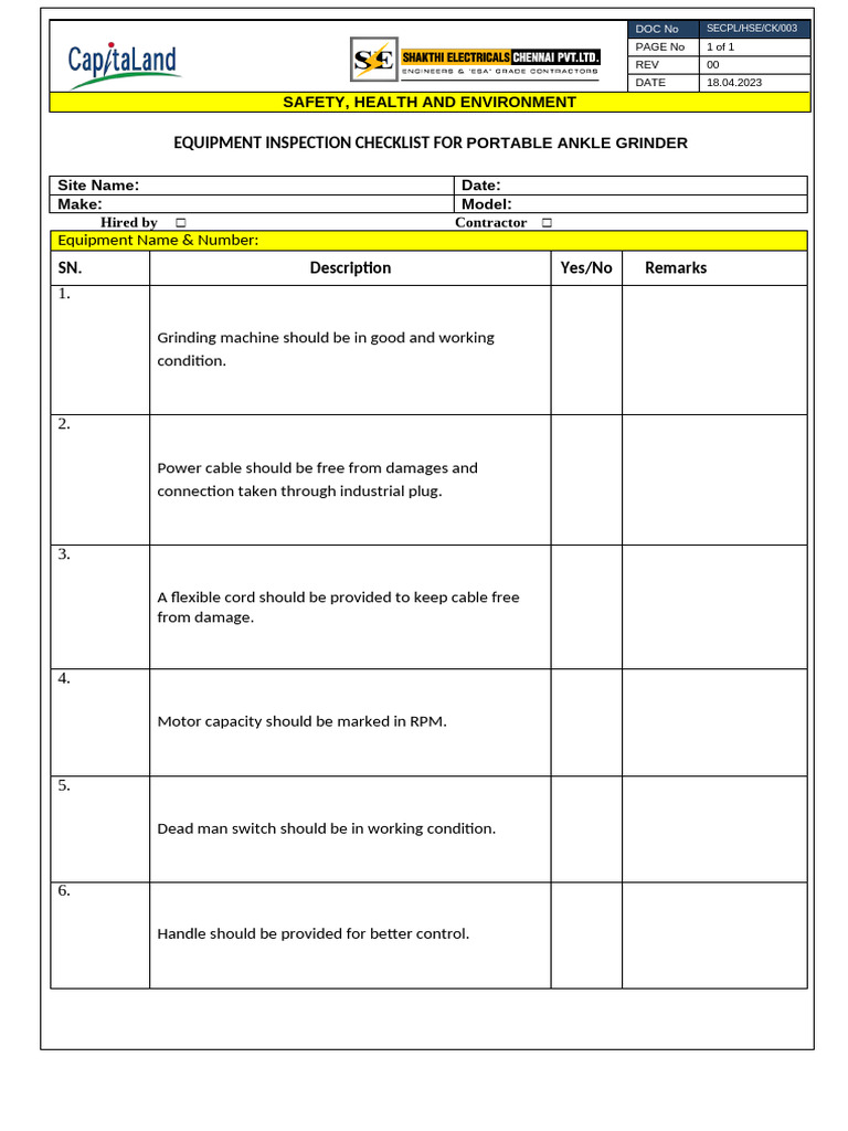 SECPL-HSE-CK-003 Portable Ankle Grinder Inspection Checklist | PDF ...