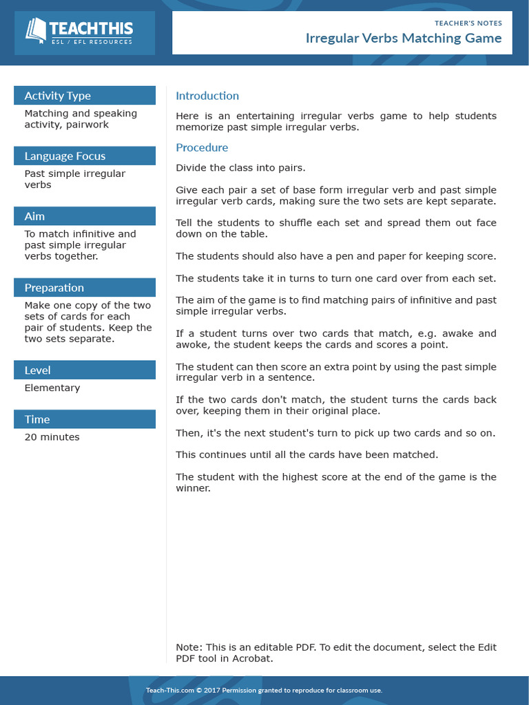 Irregular Verbs Matching Game Elementary (A1-A2) | PDF | Semantic Units ...