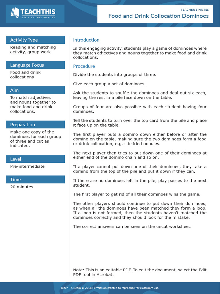 Food and Drink Collocation Dominoes - Elementary (A1-A2) | PDF ...