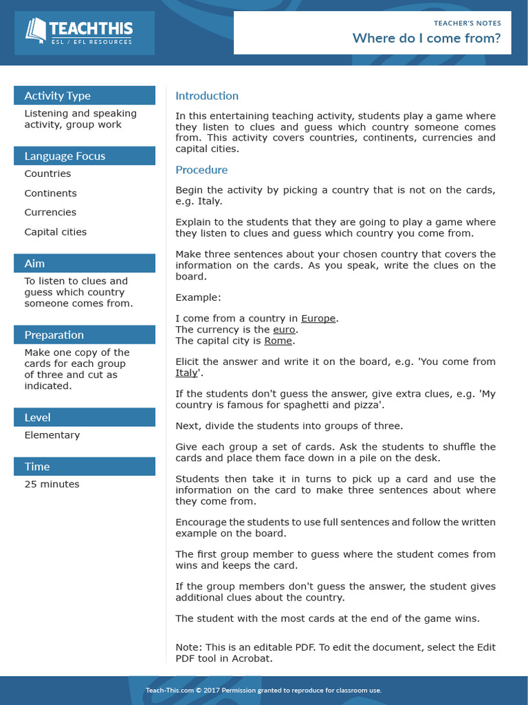 Where Do I Come From - Elementary (A1-A2) | PDF | Foreign Exchange ...