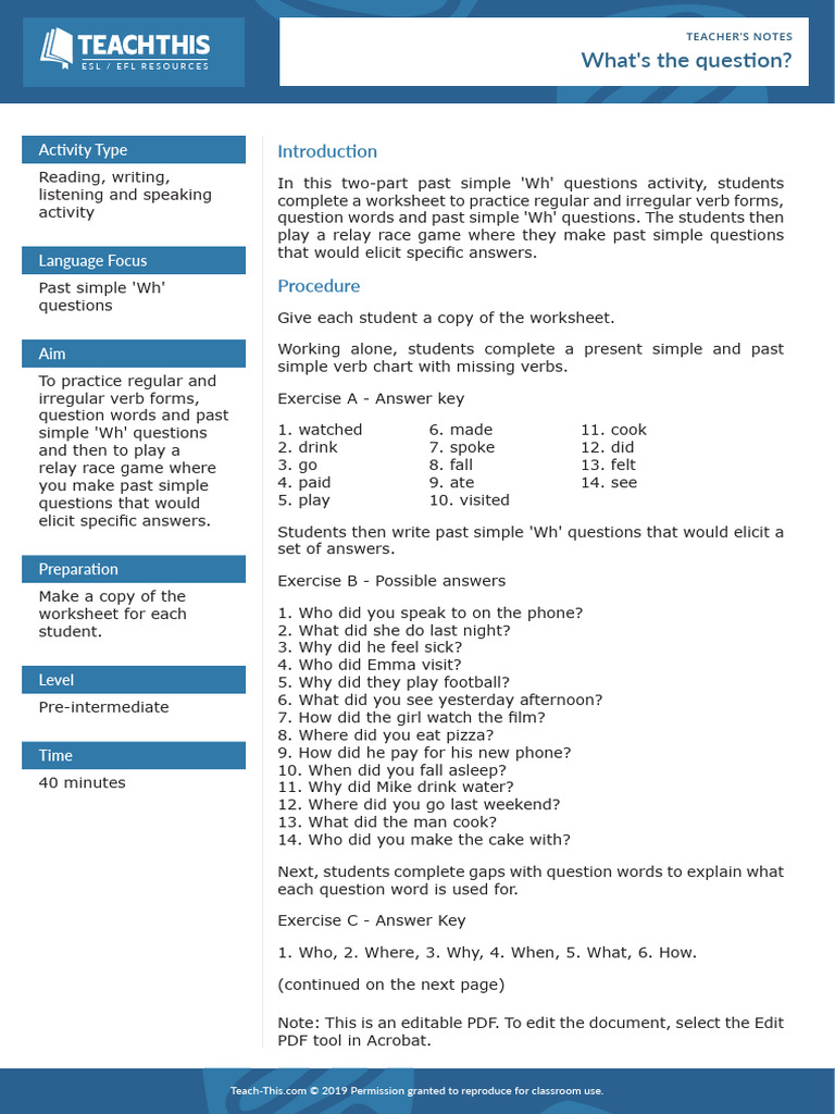 Past Simple 'Wh' Questions Activity | PDF | Question | Linguistics