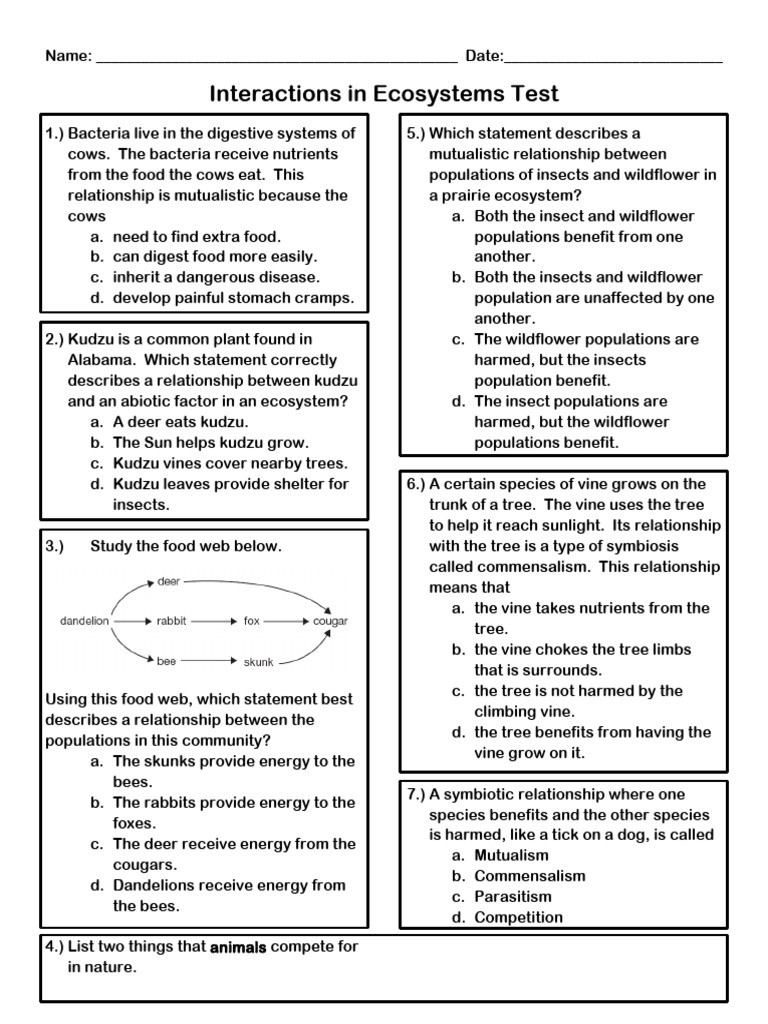 Interactions in Ecosystems Test | PDF | Symbiosis | Food Web