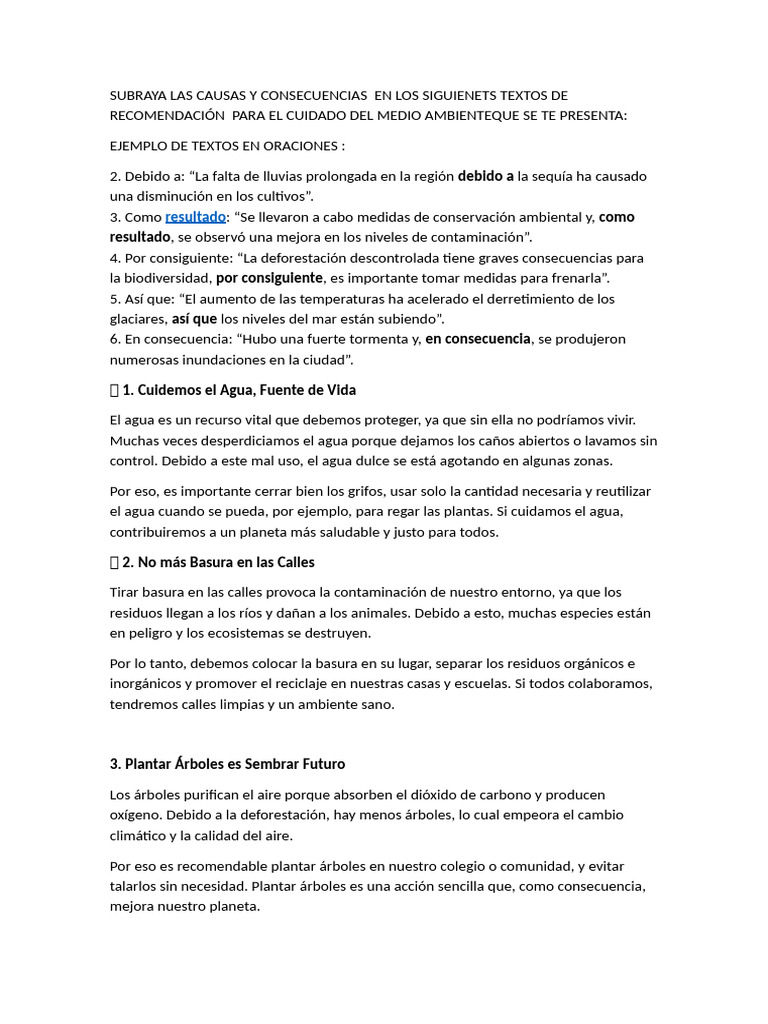 Subraya Las Causas y Consecuencias en Los Siguienets Textos de Recomendación para El Cuidado Del ...
