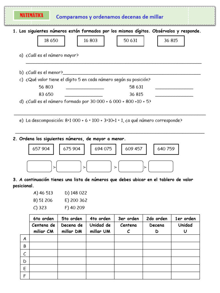 Comparamos Y Ordenamos Decenas De Millar Pdf