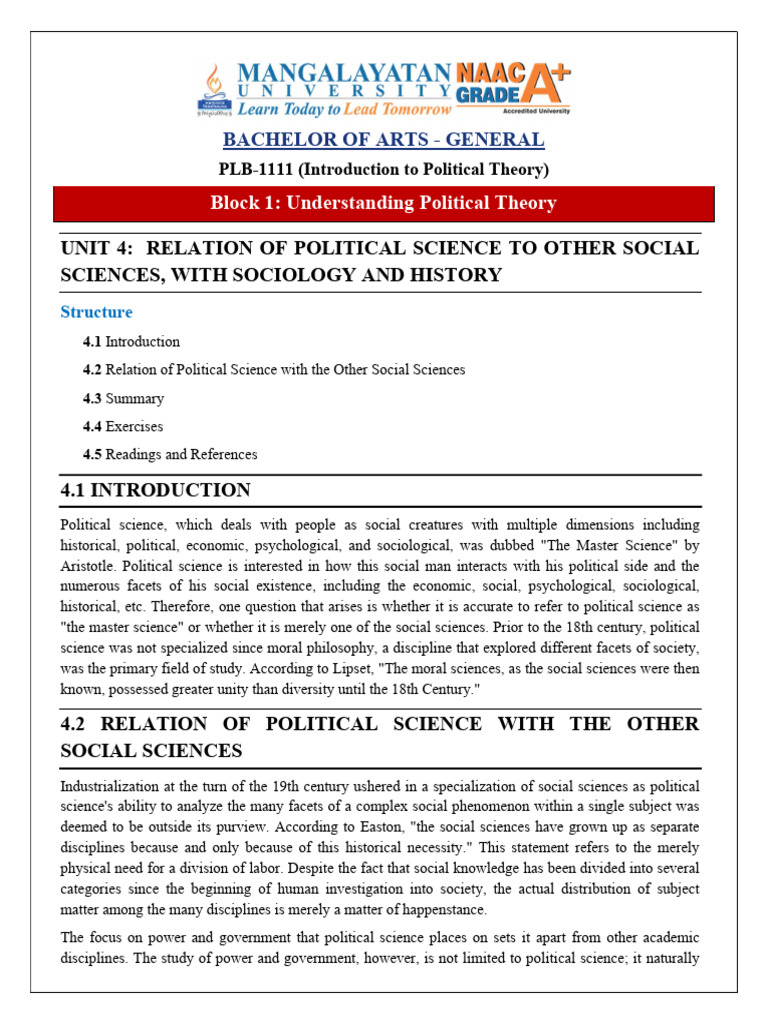 Unit 4 - RELATION of POLITICAL SCIENCE To Other Social Sciences With ...