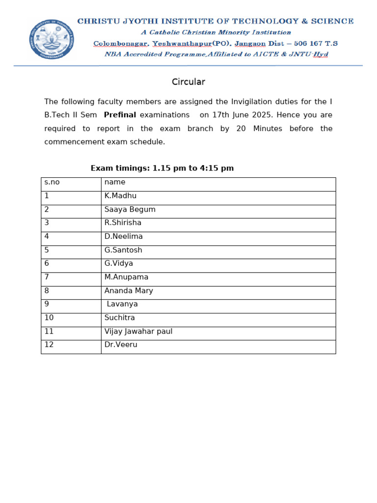 B.Tech II Sem Exam Invigilation Duties | PDF