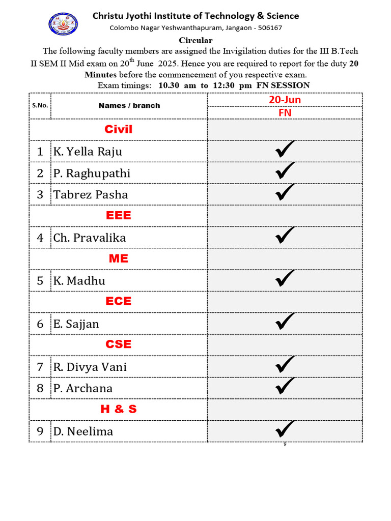 III Btech II Sem II Mid Invigilations 20 June 2025 | PDF