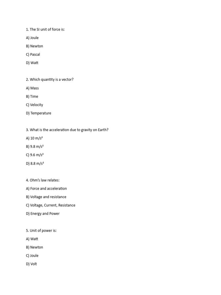 Physics Quiz: Key Concepts and Units | PDF | Force | Electric Current