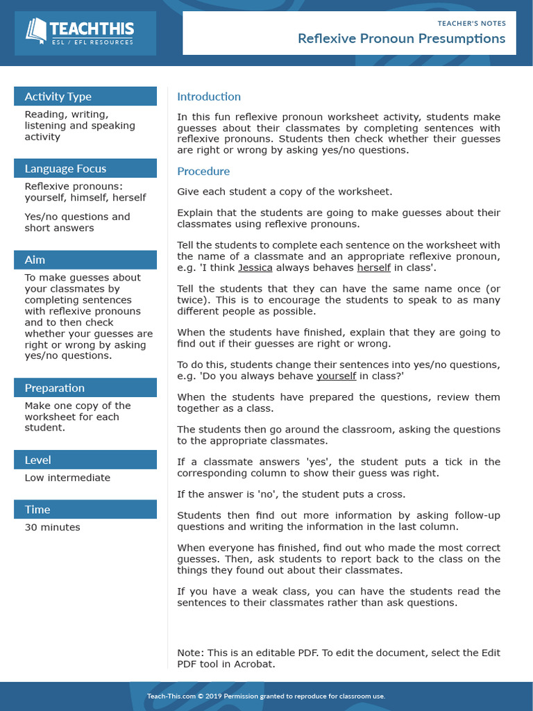 Reflexive Pronoun Presumptions Pre-Intermediate (A2) | PDF | Pronoun ...