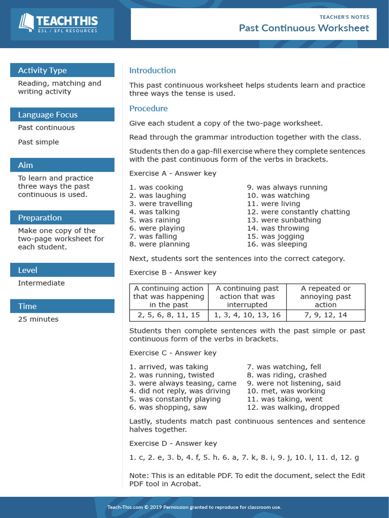 Past Continuous Practice Worksheet B1 | PDF