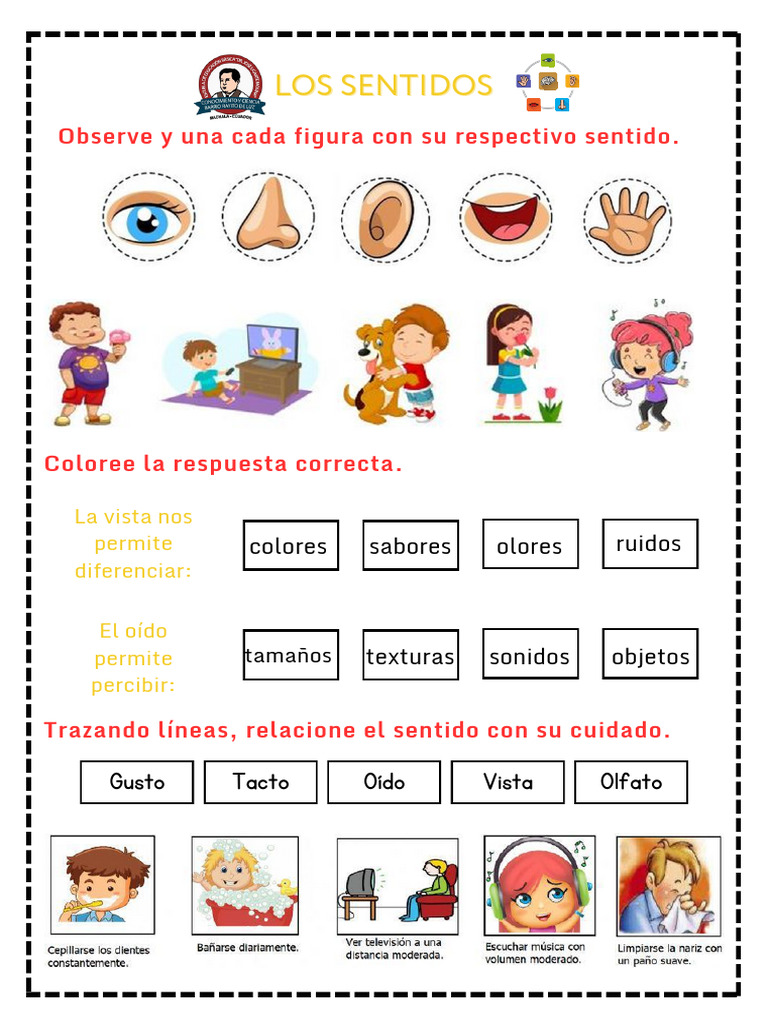 Hoja de Trabajo Ejercicio de Los Sentidos Lúdica Colorida | PDF