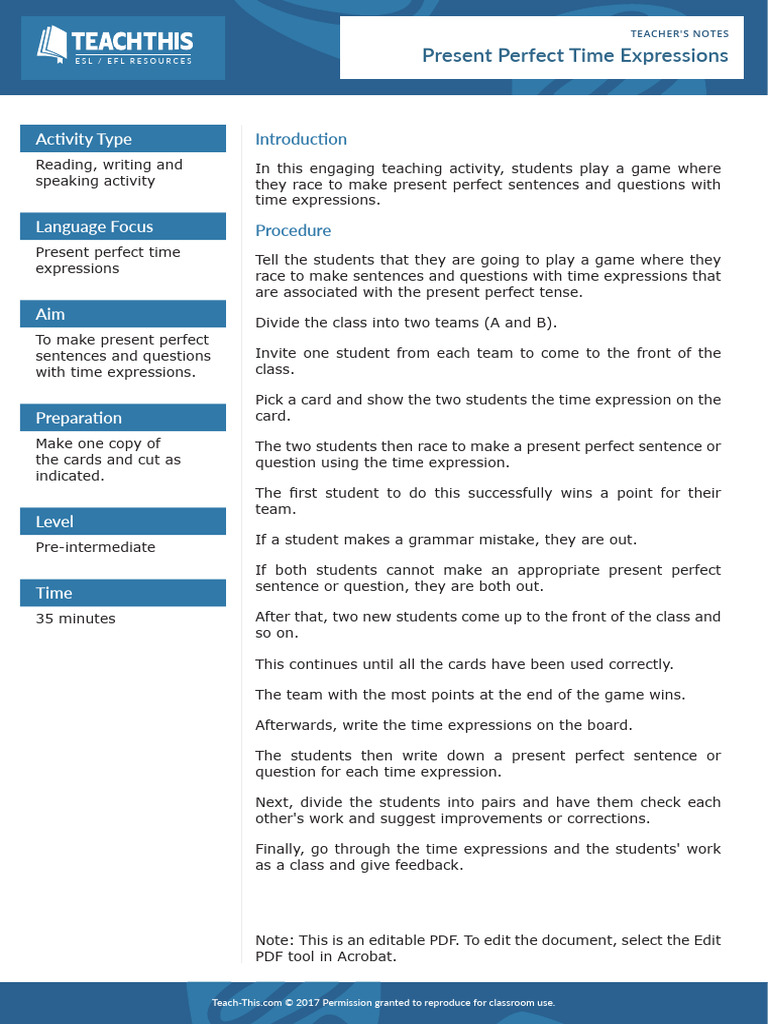 Present Perfect Time Expressions Pre-Intermediate (A2) | PDF | English ...