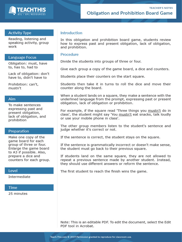 Obligation and Prohibition Board Game Low Intermediate (B1) | PDF ...