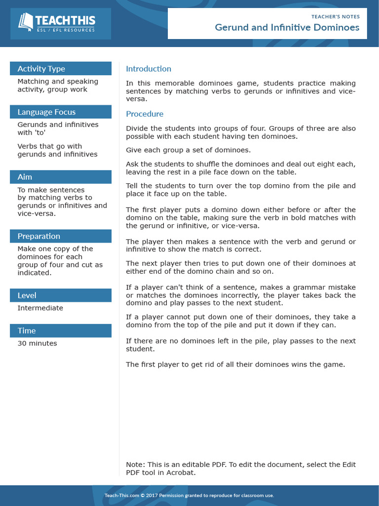 Gerund and Infinitive Dominoes Game | PDF | Linguistic Typology ...