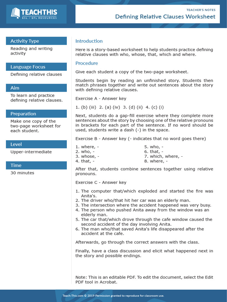 Defining Relative Clauses Worksheet | PDF | Sentence (Linguistics) | Clause