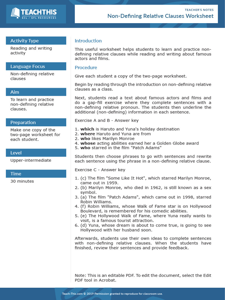 Non-Defining Relative Clauses Worksheet- Upper-Intermediate (B2) | PDF ...
