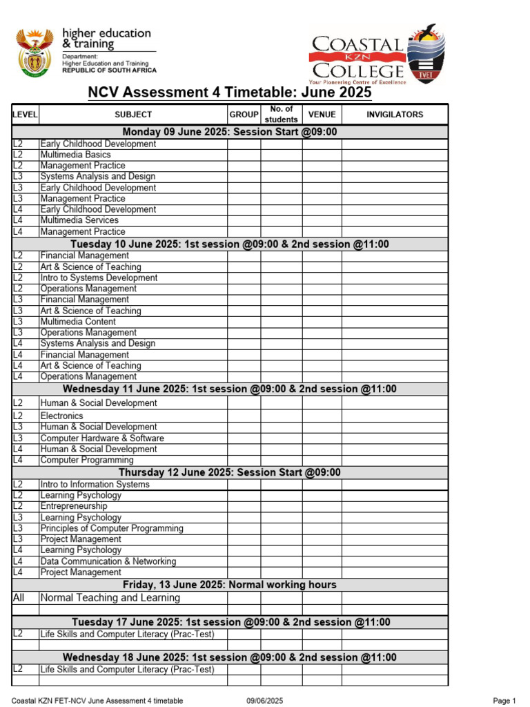 DBN NCV Assessment 4 Timetable-2025 | PDF