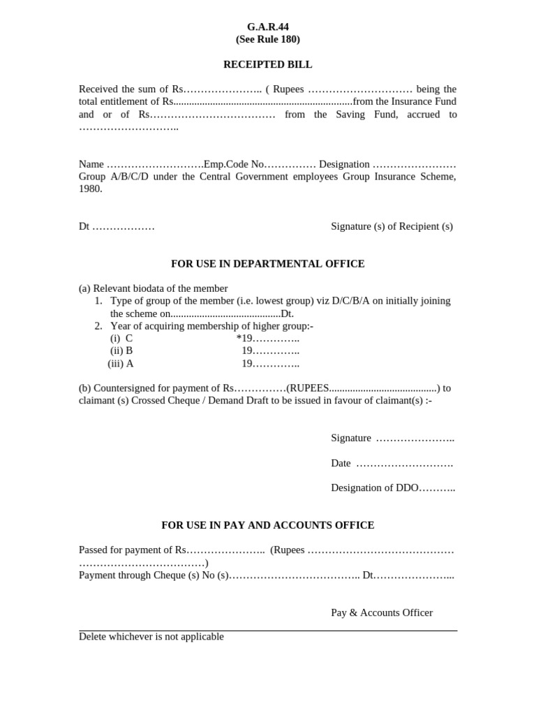 G.A.R. 44 Receipted Bill Format | PDF
