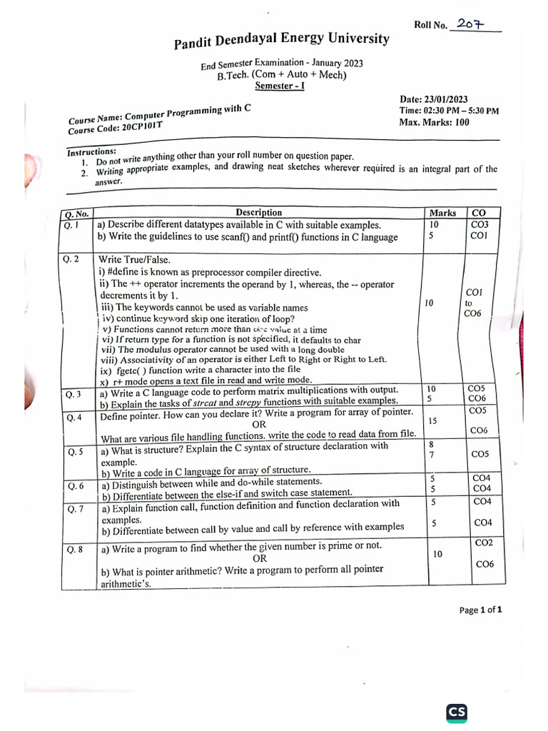 2022-2023 Batch 1st Semester (End Semester Questions) | PDF