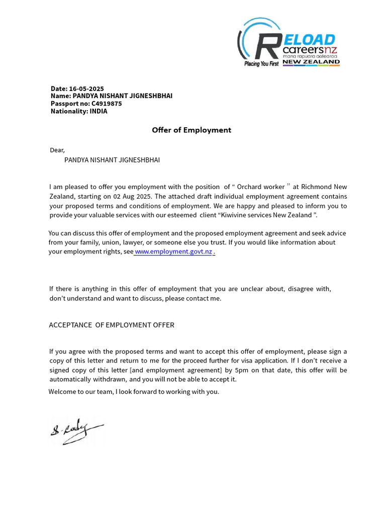 NISHANT Reload Offer of Employment | PDF
