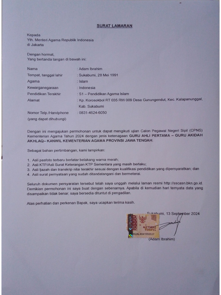 Adam Ibra Surat Lamaran | PDF