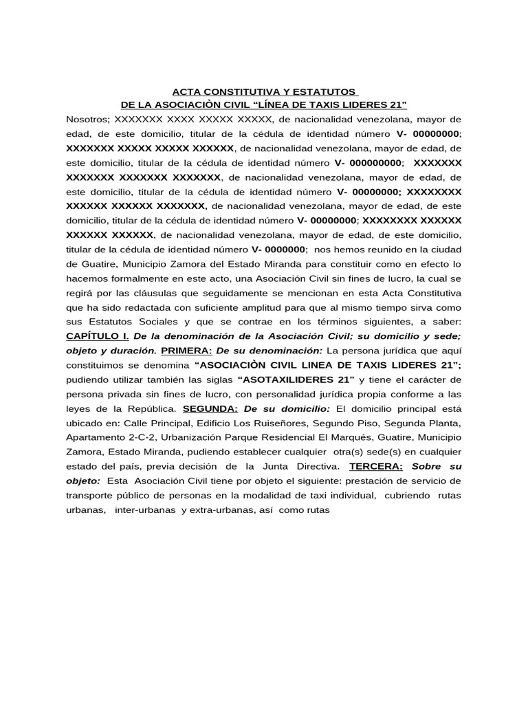 ASOCIACION CIVIL TAXI (Acta Constitutiva) Plantilla | PDF | Votación | Elecciones