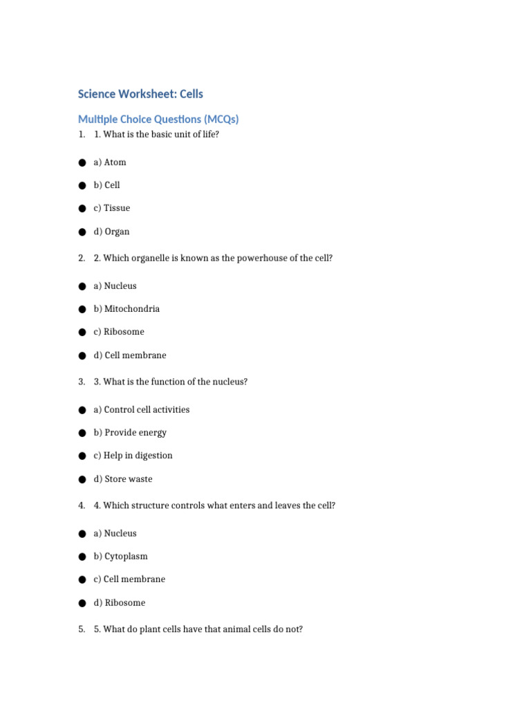 Cell Structure and Function Worksheet | PDF | Cell (Biology) | Cytoplasm
