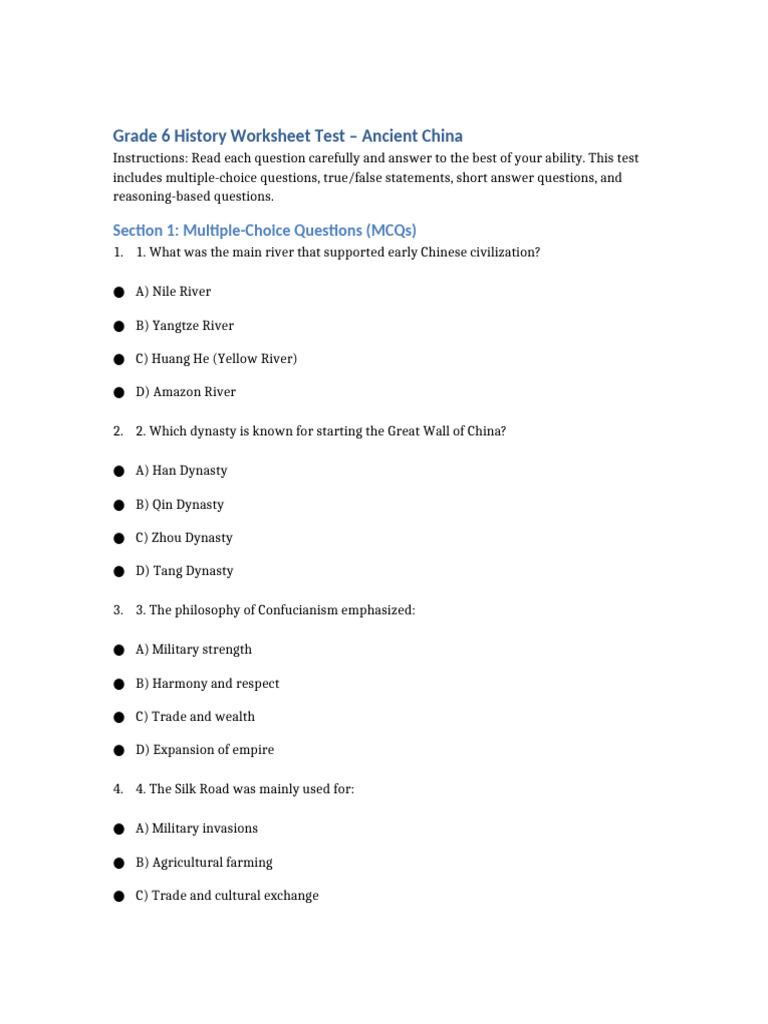 Grade 6 Ancient China Worksheet | PDF | History Of China | China