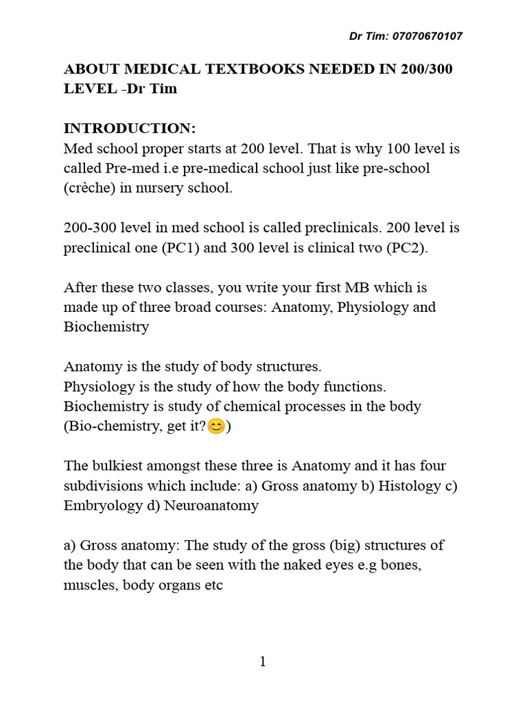 Medical Textbooks for 200/300 Level | PDF | Anatomy | Zoology