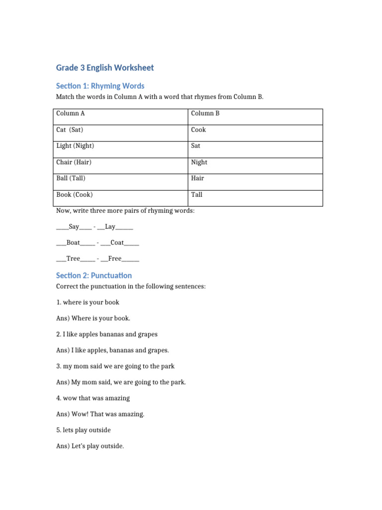 Grade 3 English Worksheet with Answers | PDF