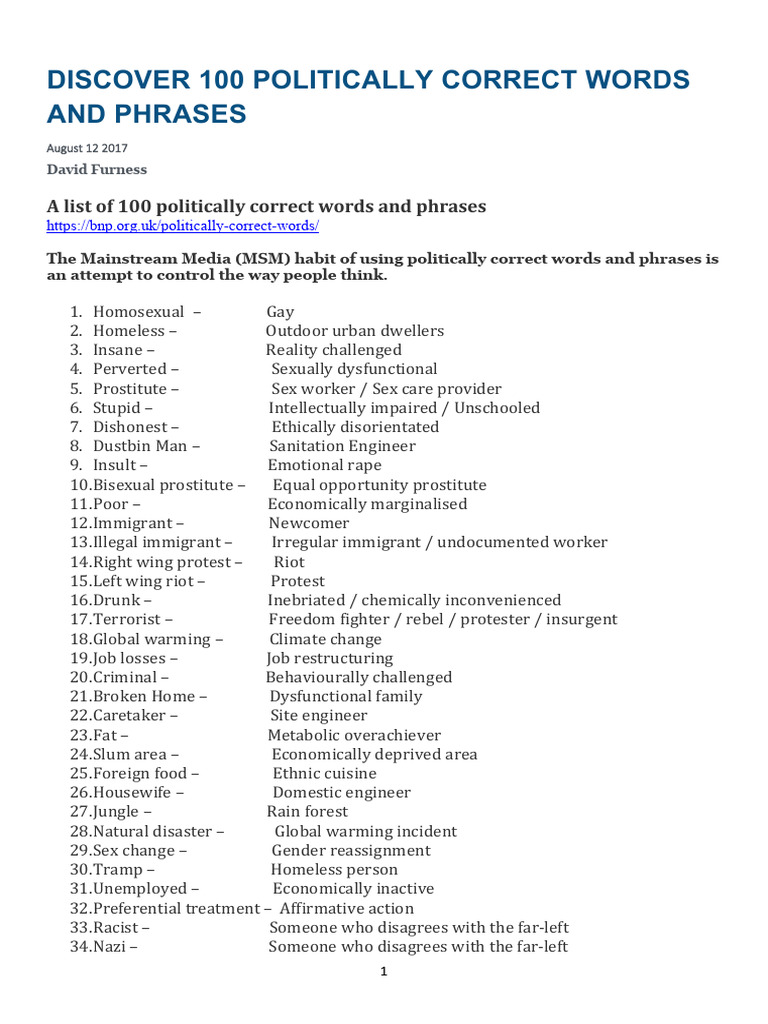 A List of 100 Politically Correct Words and Phrases | PDF