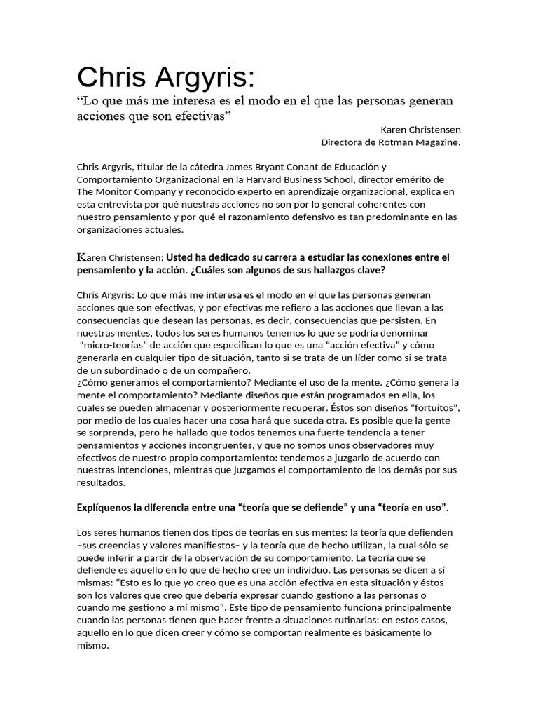 Christensen - Entrevista A Chris Argyris - Rutinas Defensivas y Teorías en Uso | PDF ...
