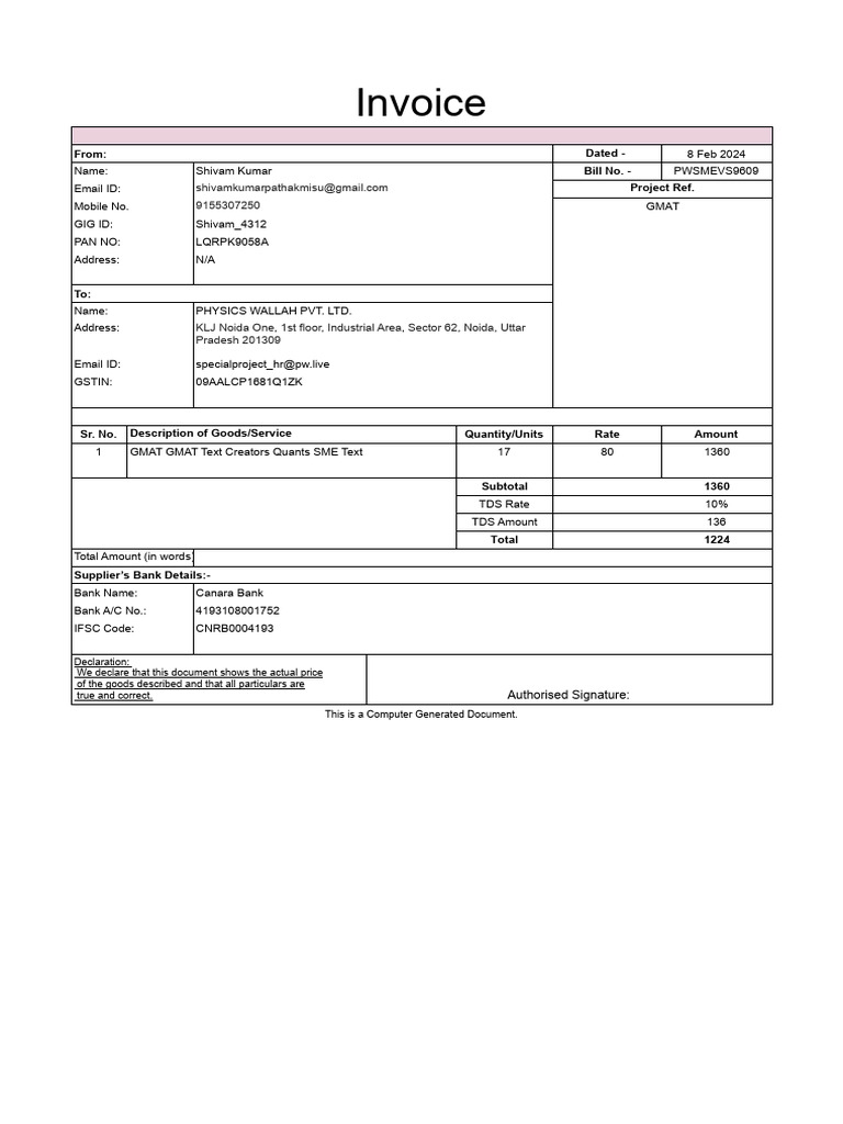 PW Payment Reciept | PDF