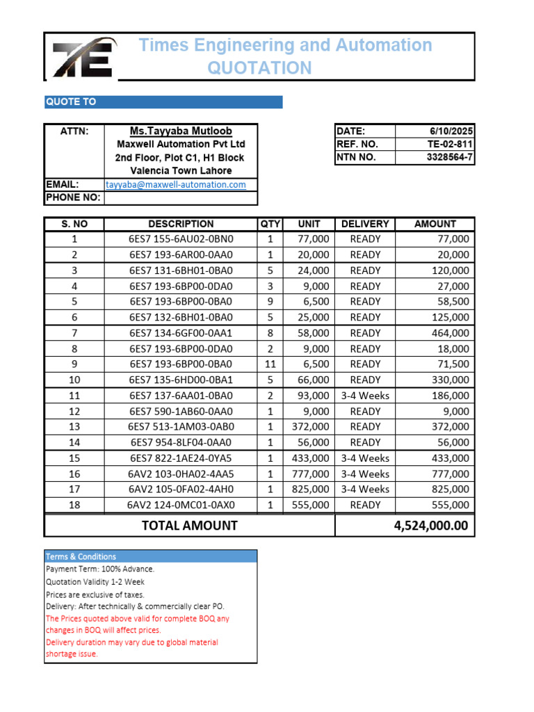 Maxwell Automation QUOTATION 10-6-25 | PDF