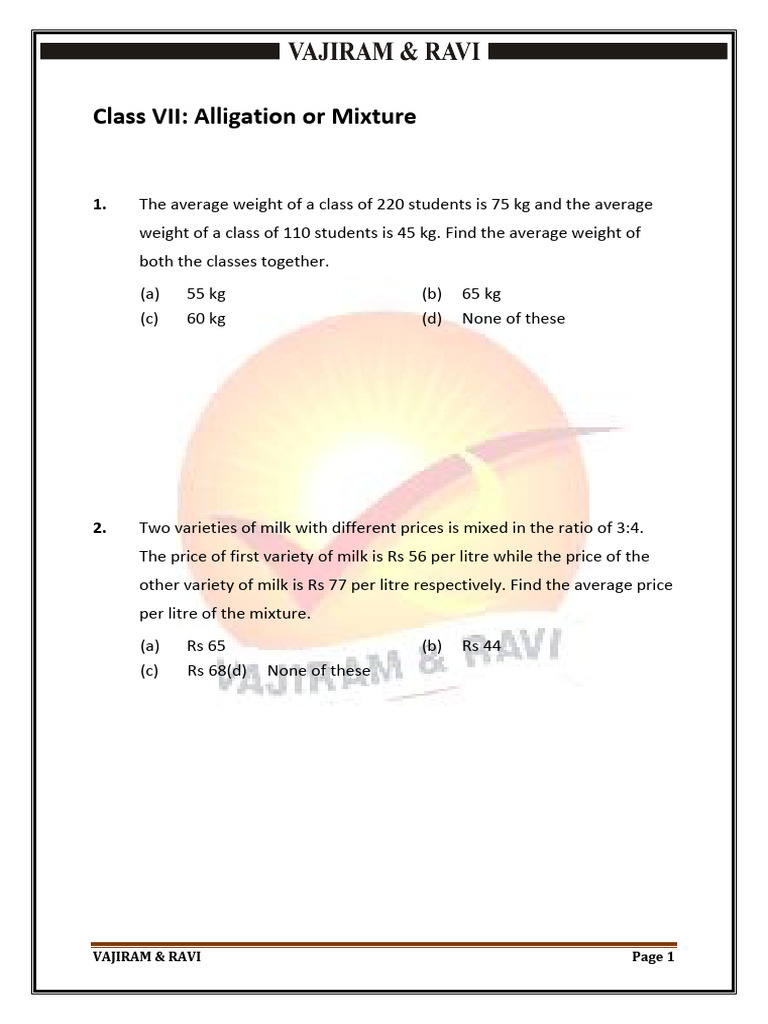 Class - VII-Alligation or Mixture | PDF | Ratio