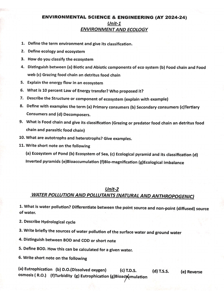 Environmental SC & Engg Subjective Questions AY 2024-25 | PDF
