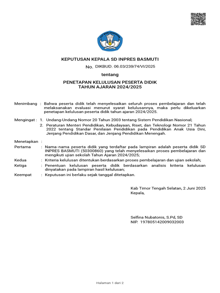 SK Penetapan Kelulusan Peserta Asaj Tahun 2024-2025 Cetak | PDF