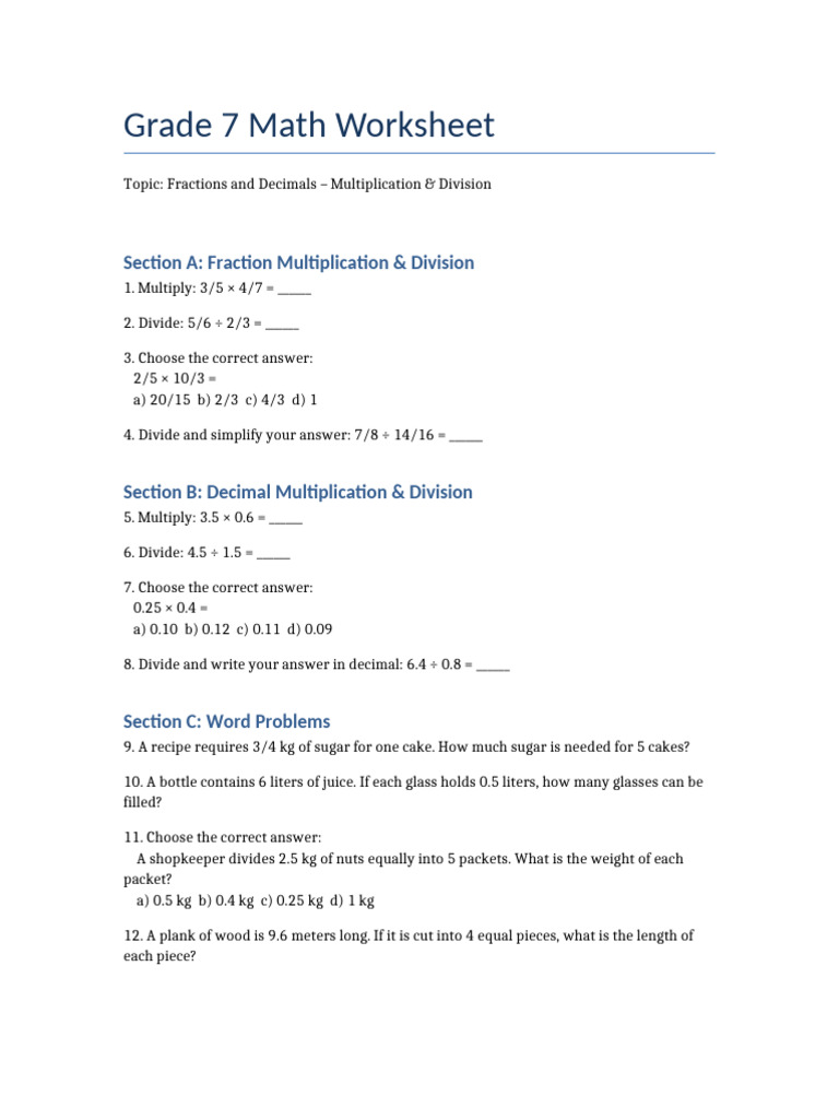 Fractions Decimals Worksheet | PDF