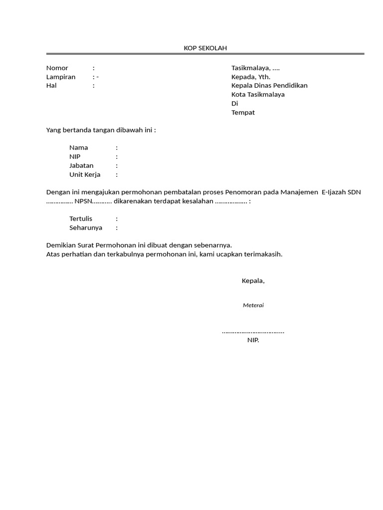 Tamplate Surat Permohonan Pembatalan Pdf